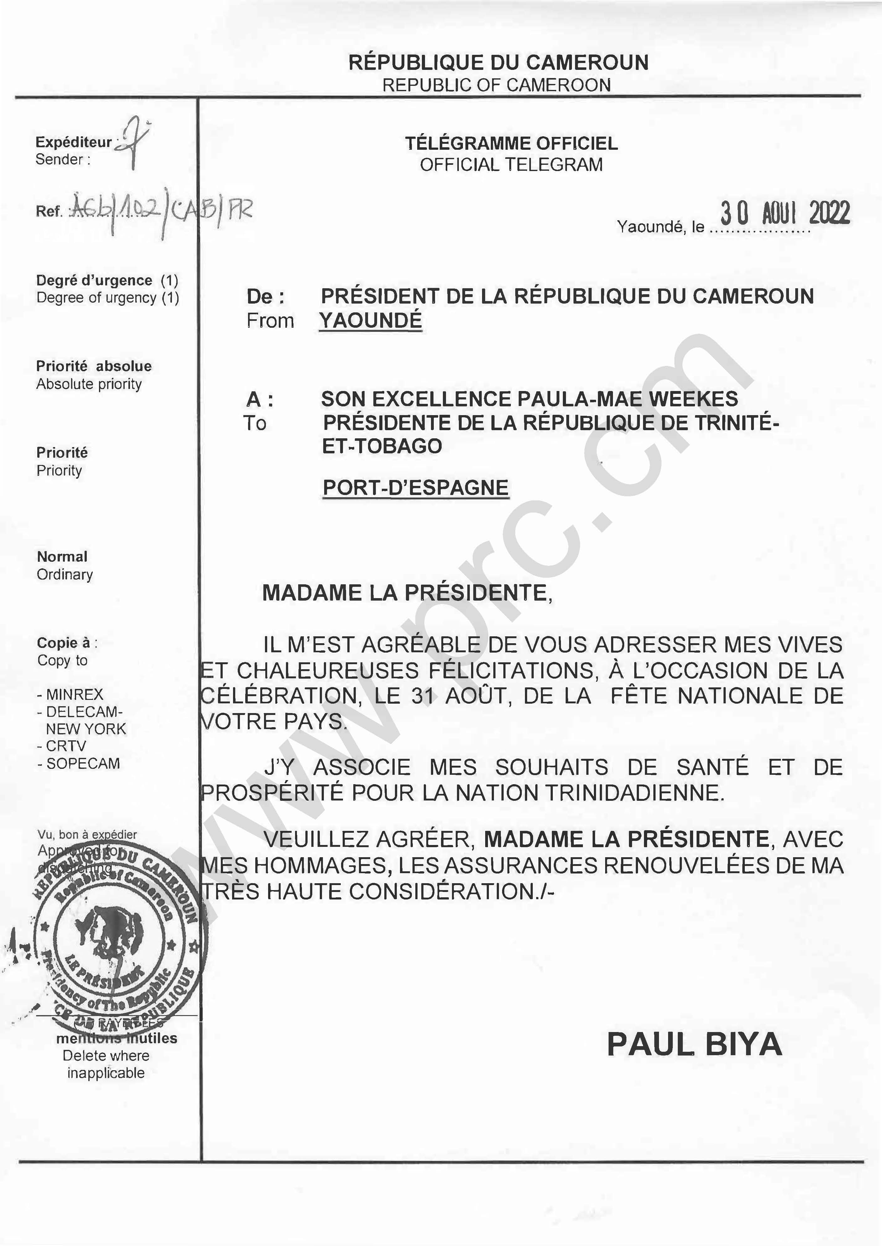 Message de félicitations du Chef de l’Etat à S.E. Paula-Mae Weekes, à l'occasion de la fête ...
